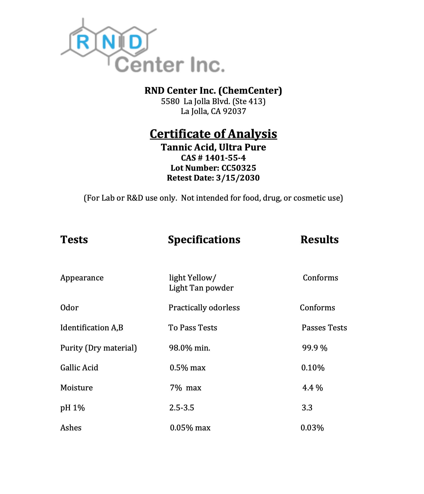 Tannic Acid, Ultra Pure, Powder, 99% min., 100 grams – RND Center Inc.